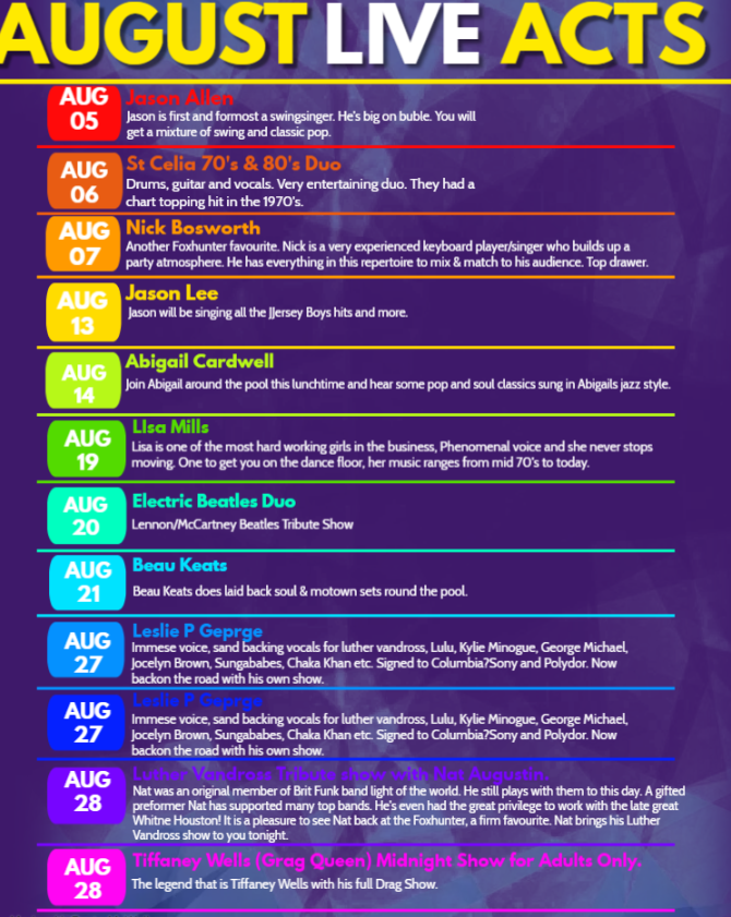 August Live Acts Poster - Foxhunter Park